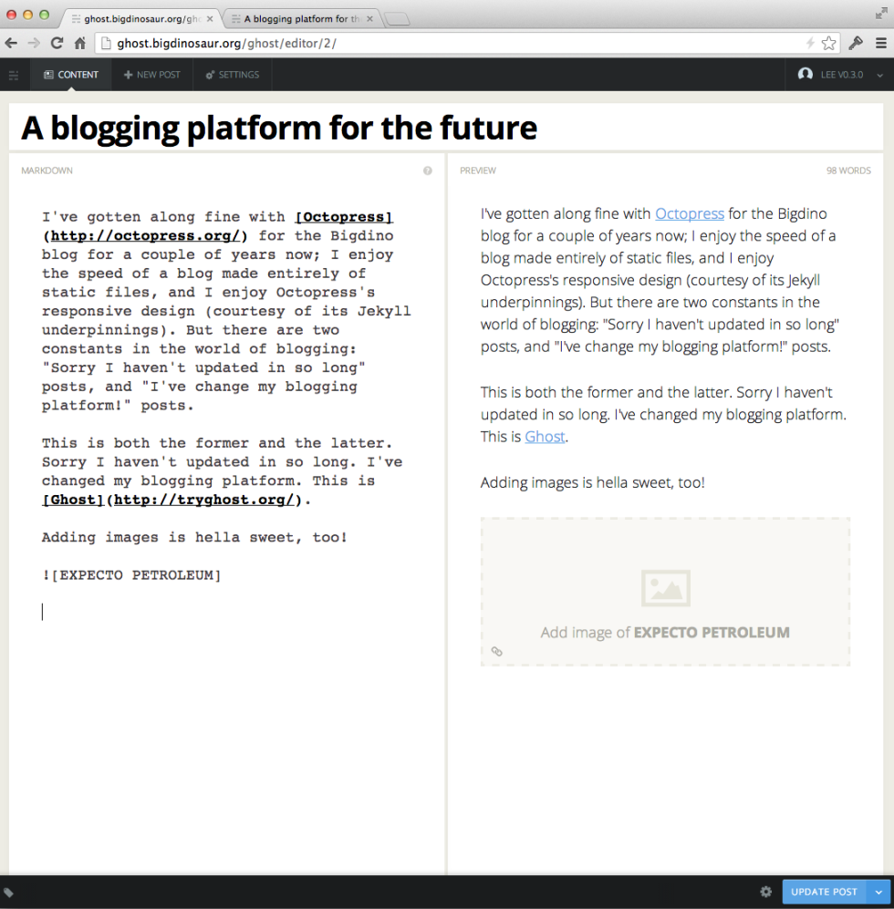 Fancy Node.js-based blogging app Ghost goes live to backers - Ars Technica