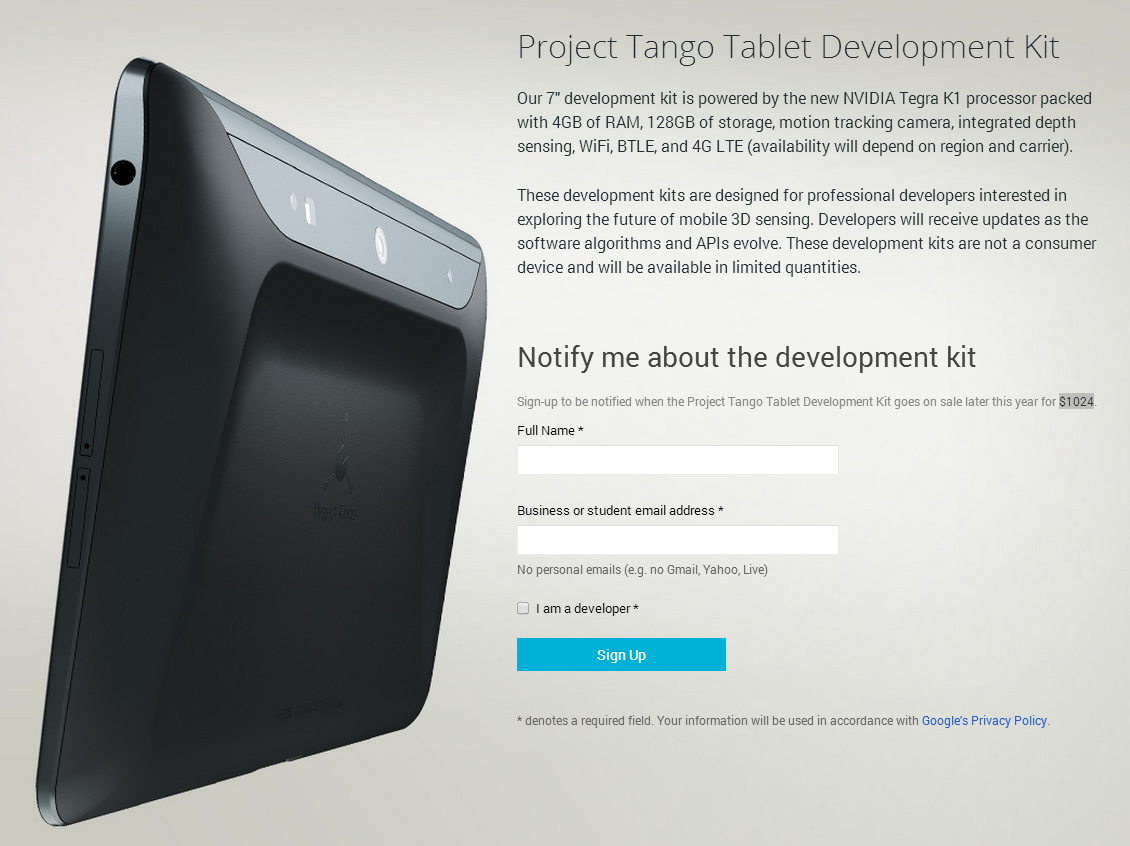 Google to sell Project Tango tablet dev kits for $1,024 - Ars Technica