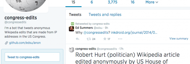 @Congressedits tweets anonymous Wikipedia edits from Capitol Hill | Ars Technica
