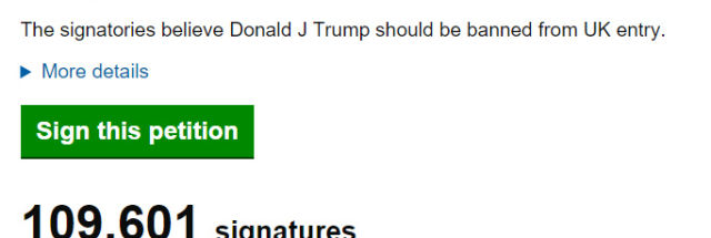 Petition to ban Donald Trump from entering UK hits 100,000 signatures ...