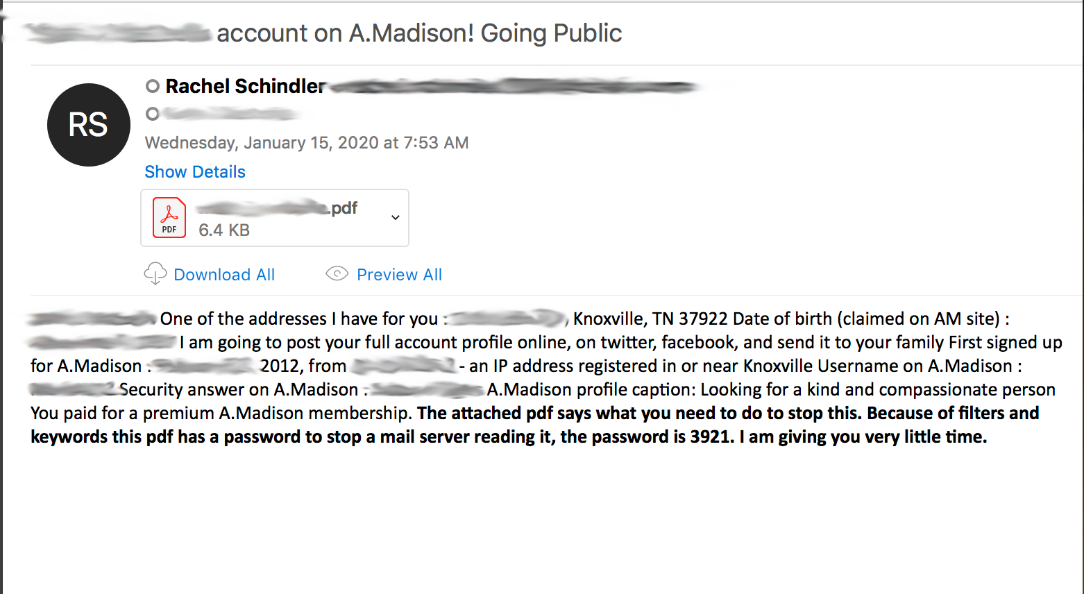 Dear Ashley Madison user, I know everything about you. Pay up or else ...