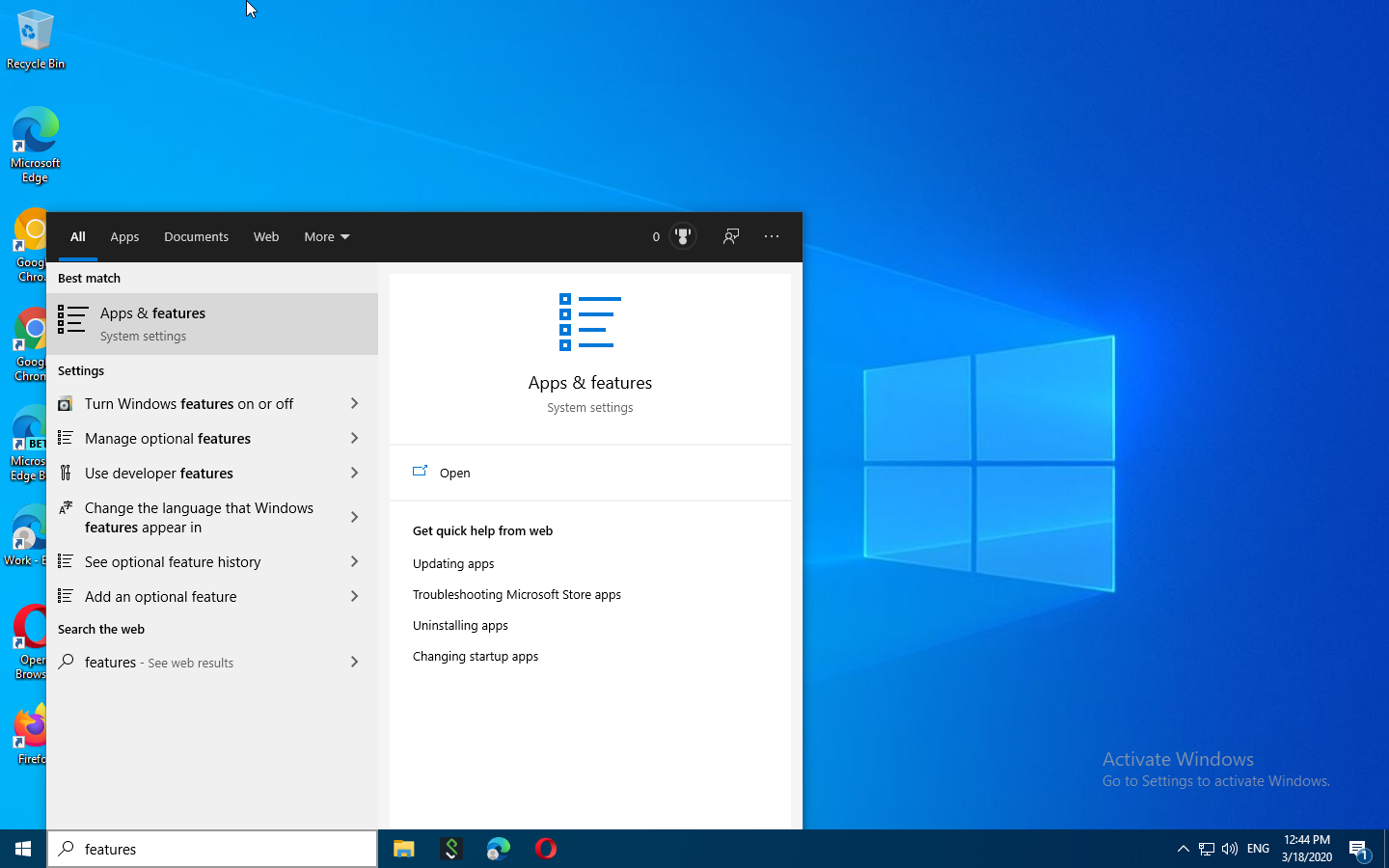 windows features start menu