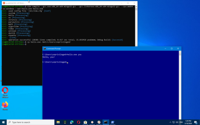 running hello.exe on Windows