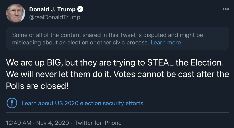 As Trump falsely claims victory, Twitter and Facebook counter ...