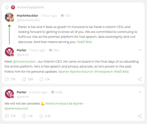 Parler says it’s back without “Big Tech” after being kicked off Amazon ...