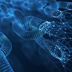 Abstract image of a blockchain displays ones and zeroes imposed on interconnected chain links.