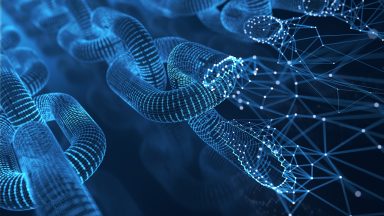 Abstract image of a blockchain displays ones and zeroes imposed on interconnected chain links.