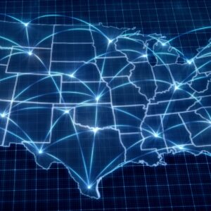 Illustration of a US map with crisscrossing lines representing a broadband network.