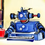 An AI-generated image of a robot typewriter-journalist hard at work.