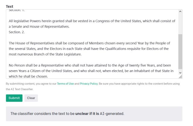 When fed part of the US Constitution, OpenAI's Text Classifier says, "The classifier consider the text to be unclear if it is AI-generated."