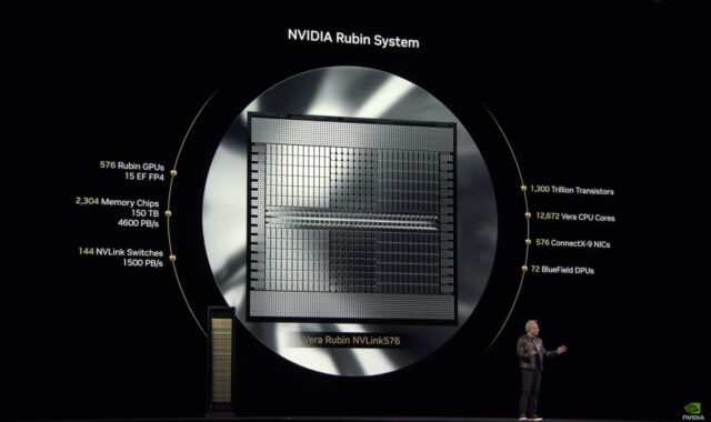An image of a hypothetical Rubin system silicon chip die that Nvidia CEO Jensen Huang presented at GTC 2025.