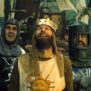 king arthur's and his knights staring up at something.