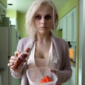 very pale young woman with white hair holding a tupperware with some brain tissue in it, and a bottle of hot sauce in her other hand