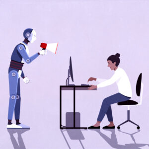 Robot with megaphone yelling at businesswoman working at computer - stock illustration