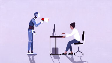 Robot with megaphone yelling at businesswoman working at computer - stock illustration