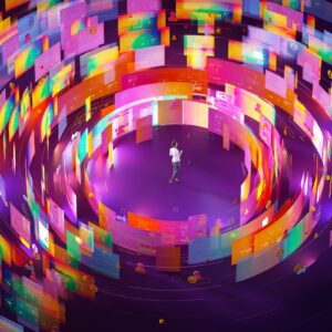 Digital generated image of young japanese woman standing inside multicoloured data sheets and social media chat icons organised into circular pattern around her against purple background.