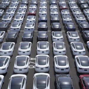 Tesla Inc. vehicles in a parking lot after arriving at a port in Yokohama, Japan, on Monday, May 10, 2021. Tesla sold a record of almost 185,000 vehicles in the first three months of the year despite having issues rolling out new versions of the Model S and X.