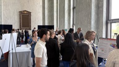 A room full of people standing around a hand full of poster-sized presentations.