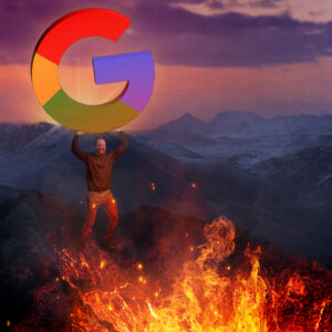 Artist's depiction of the article author heaving a large multicolored "G" into the fires of Mount Doom