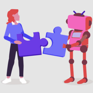 An illustration of a woman and a robot putting together two giant puzzle pieces.