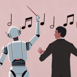 Orchestra conductor watching AI robot conduct music notes on beige background - stock illustration