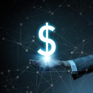 Illustration of a dollar symbol floating on a woman's hand