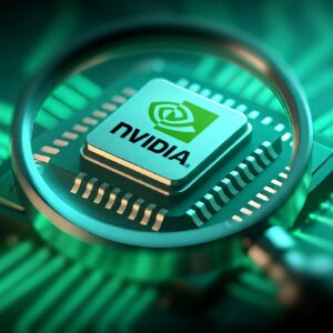 Photo illustration in which an Nvidia chip is seen through a magnifying glass