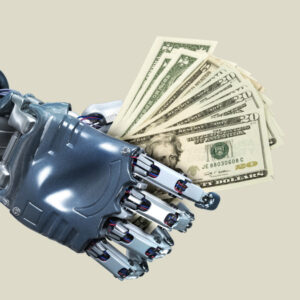 Robot hand holding lots of dollar notes